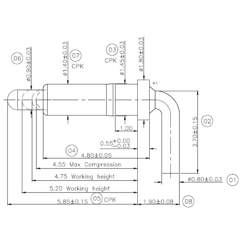 Bending Type Pogo Pin 2D/3D Drawing